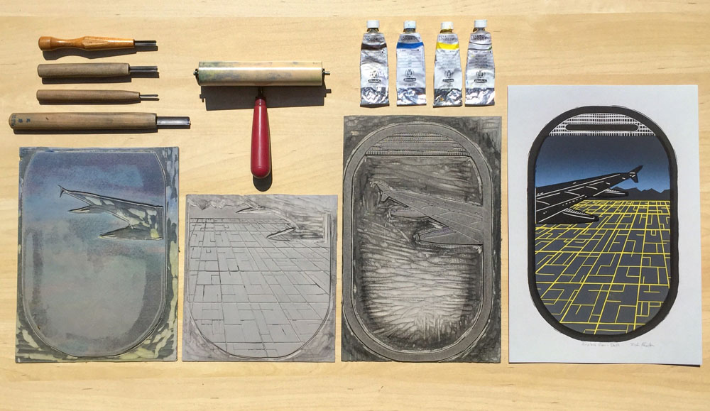 Rich Fowler_Boarding All Rows__Airplane View – Dusk_ Linocut – El ...